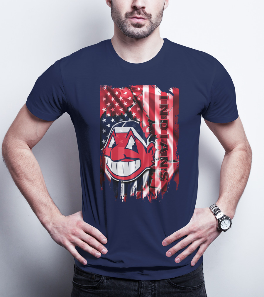 Cleveland Indians Chief Wahoo American Flag Patriotic Baseball T-Shirt