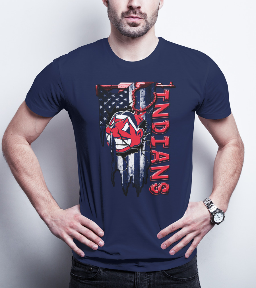 Cleveland Indians Vintage Chief Wahoo With American Flag And Red Chain T-Shirt