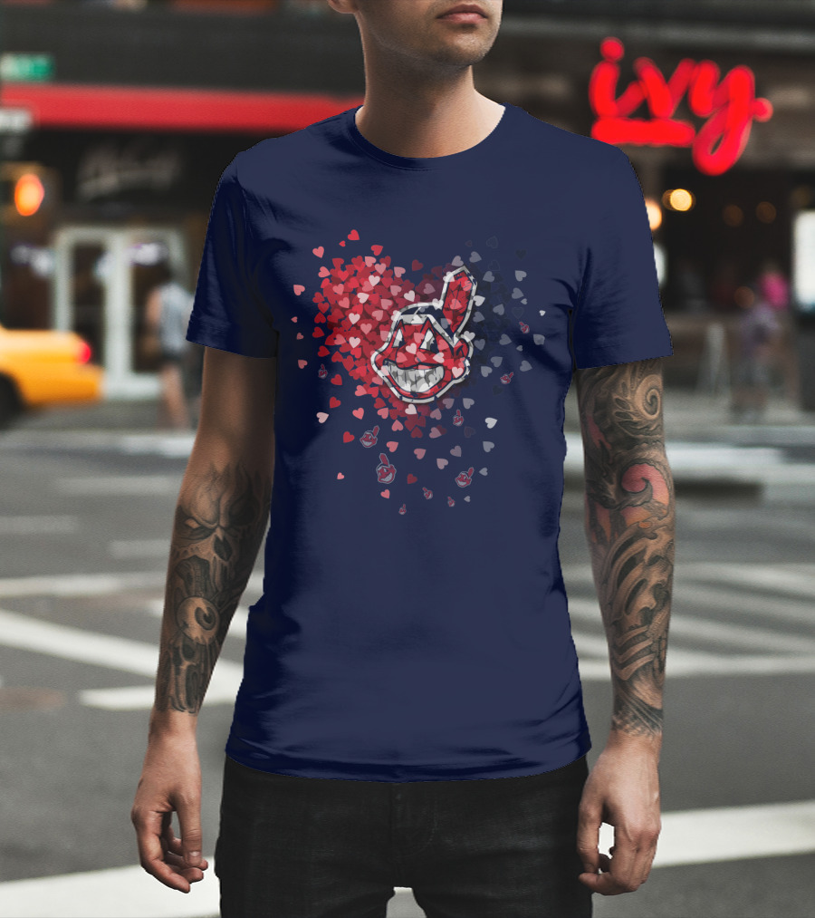 Cleveland Indians Heart Logo With Feathered Chief Wahoo In Blue And Red T-Shirt