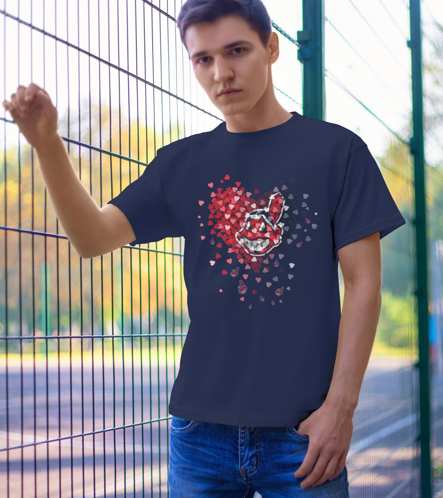 Cleveland Indians Heart Logo With Feathered Chief Wahoo In Blue And Red T-Shirt