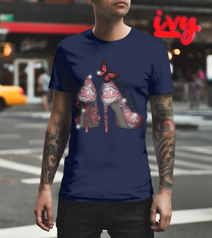 Cleveland Indians Heels With Butterfly And Baseball Motif T-Shirt