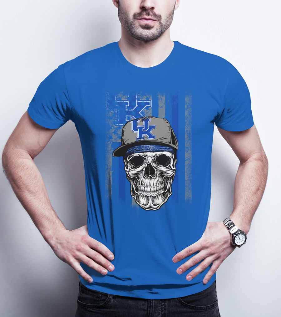 Kentucky Wildcats Skull With Uk Logo Hat On Grunge Blue T-Shirt
