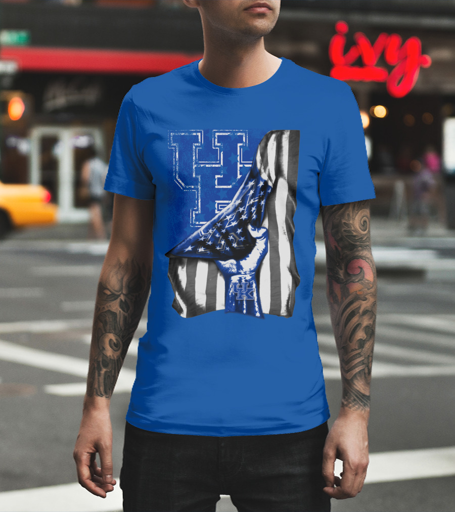 Kentucky Wildcats U.s. Flag Blue And White Logo Fusion T-Shirt