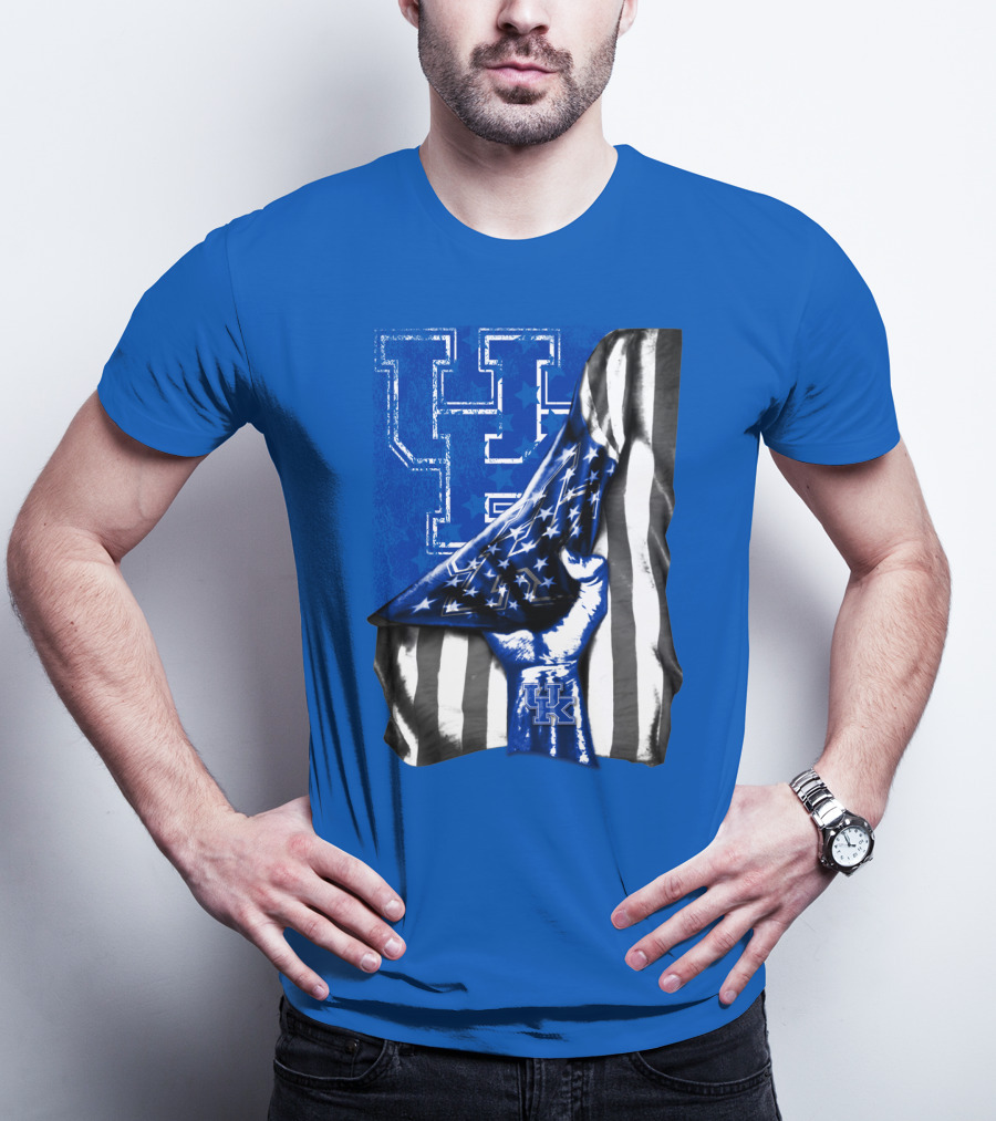 Kentucky Wildcats U.s. Flag Blue And White Logo Fusion T-Shirt
