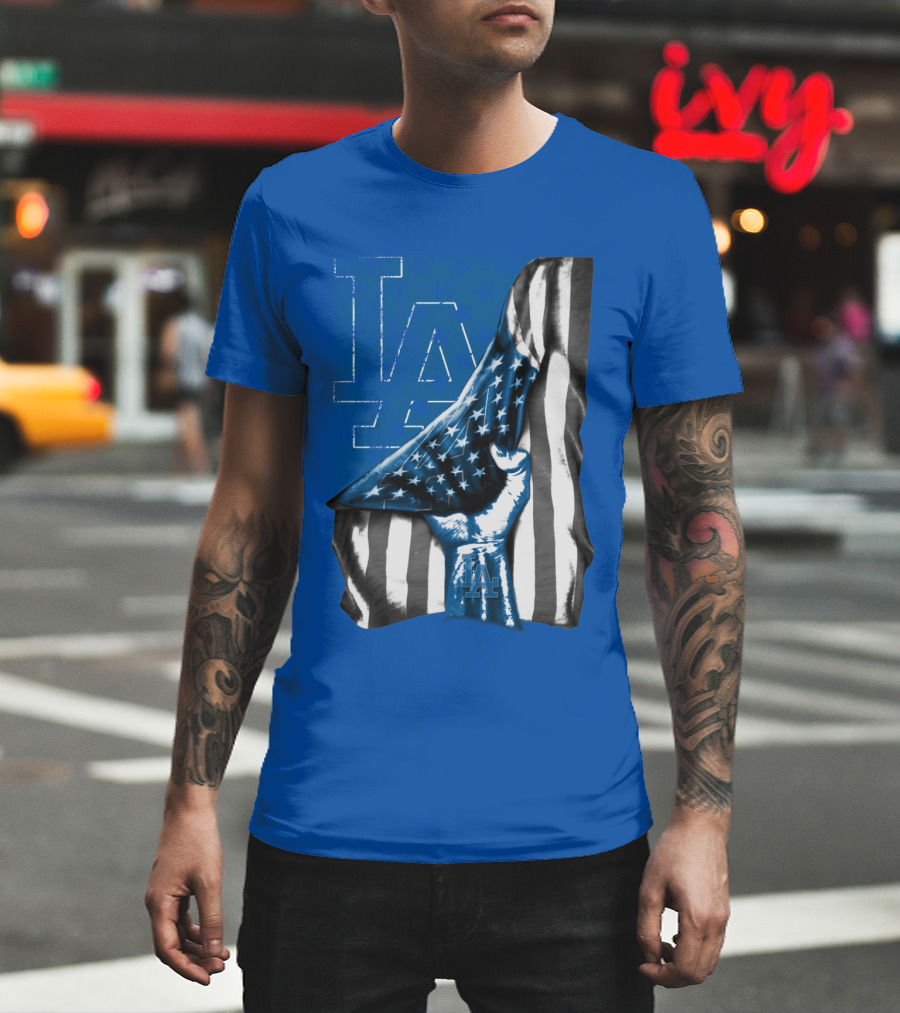 Los Angeles Dodgers La Logo American Flag Fist T-Shirt