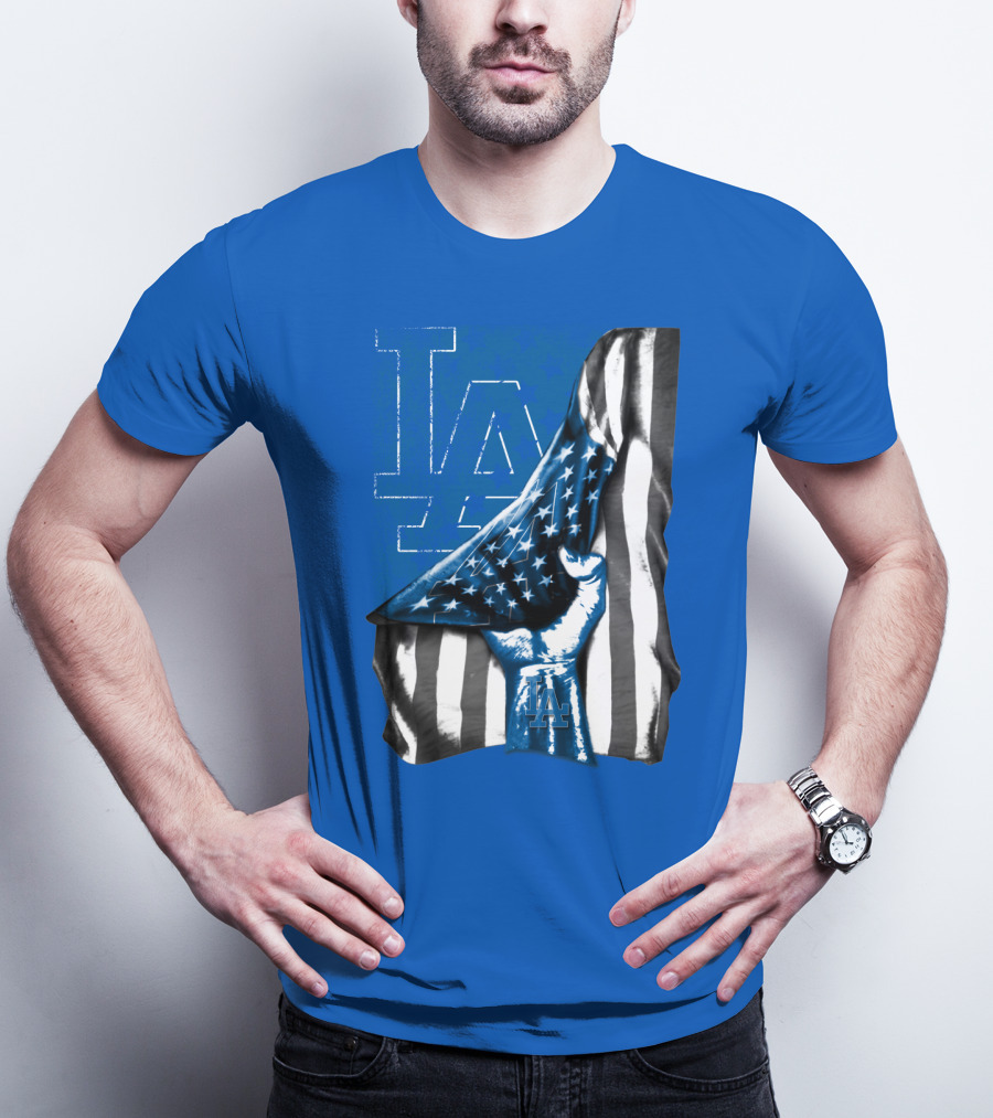 Los Angeles Dodgers La Logo American Flag Fist T-Shirt