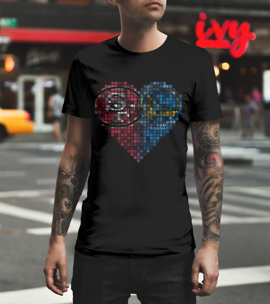 San Francisco 49ers And Golden State Warriors Heart Pixel Mosaic T-Shirt