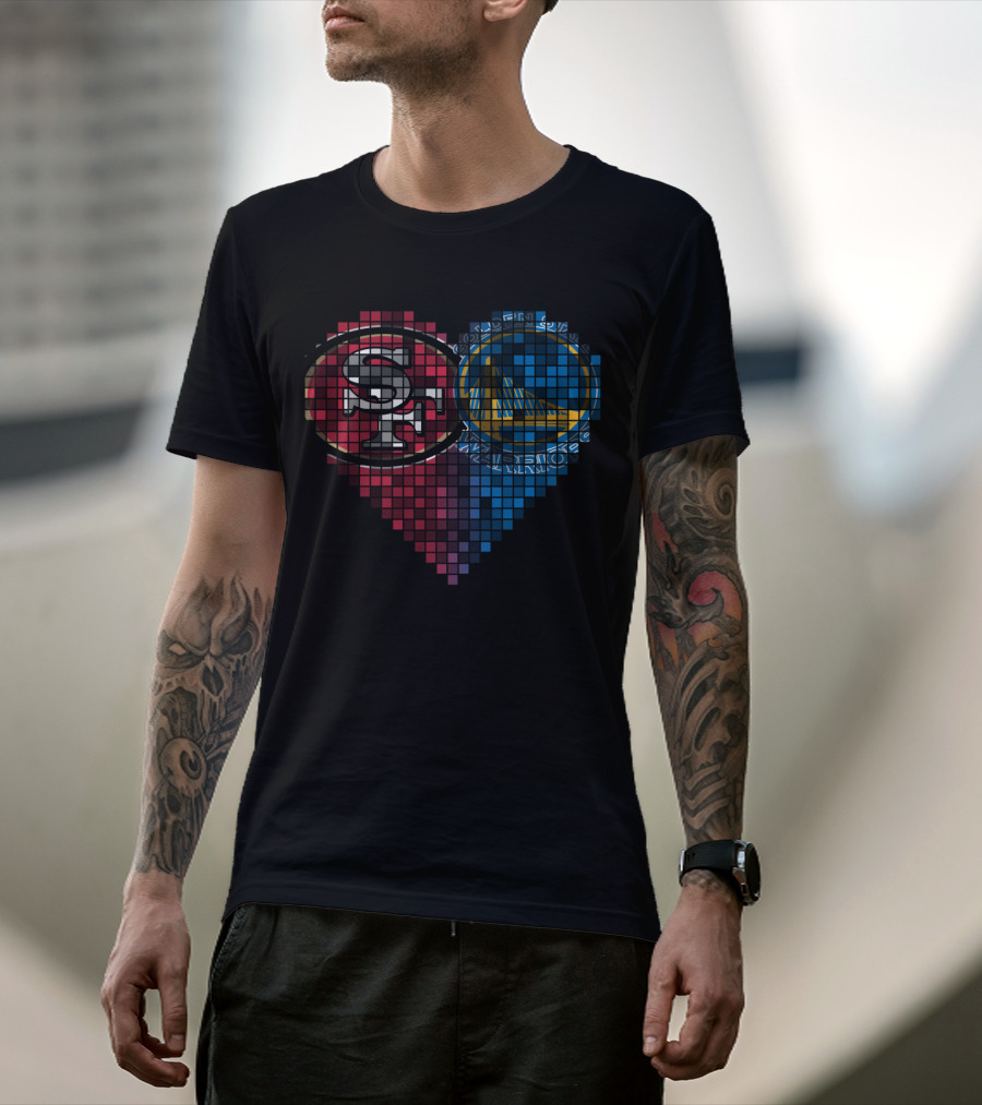 San Francisco 49ers And Golden State Warriors Heart Pixel Mosaic T-Shirt