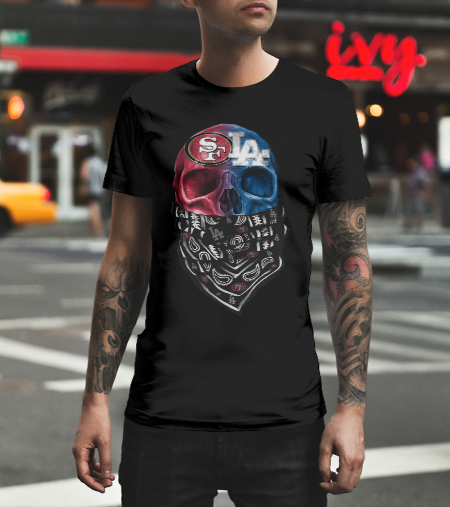 Sf 49ers La Dodgers Split Skull Bandana T-Shirt