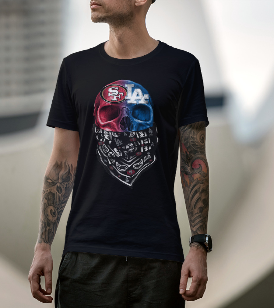 Sf 49ers La Dodgers Split Skull Bandana T-Shirt