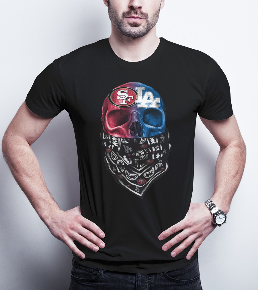Sf 49ers La Dodgers Split Skull Bandana T-Shirt