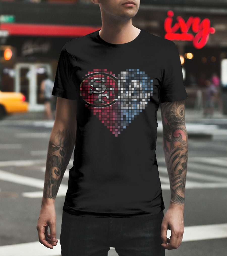 Ttr 002 San Francisco 49ers Los Angeles Dodgers Heart Pixel Mosaic T-Shirt