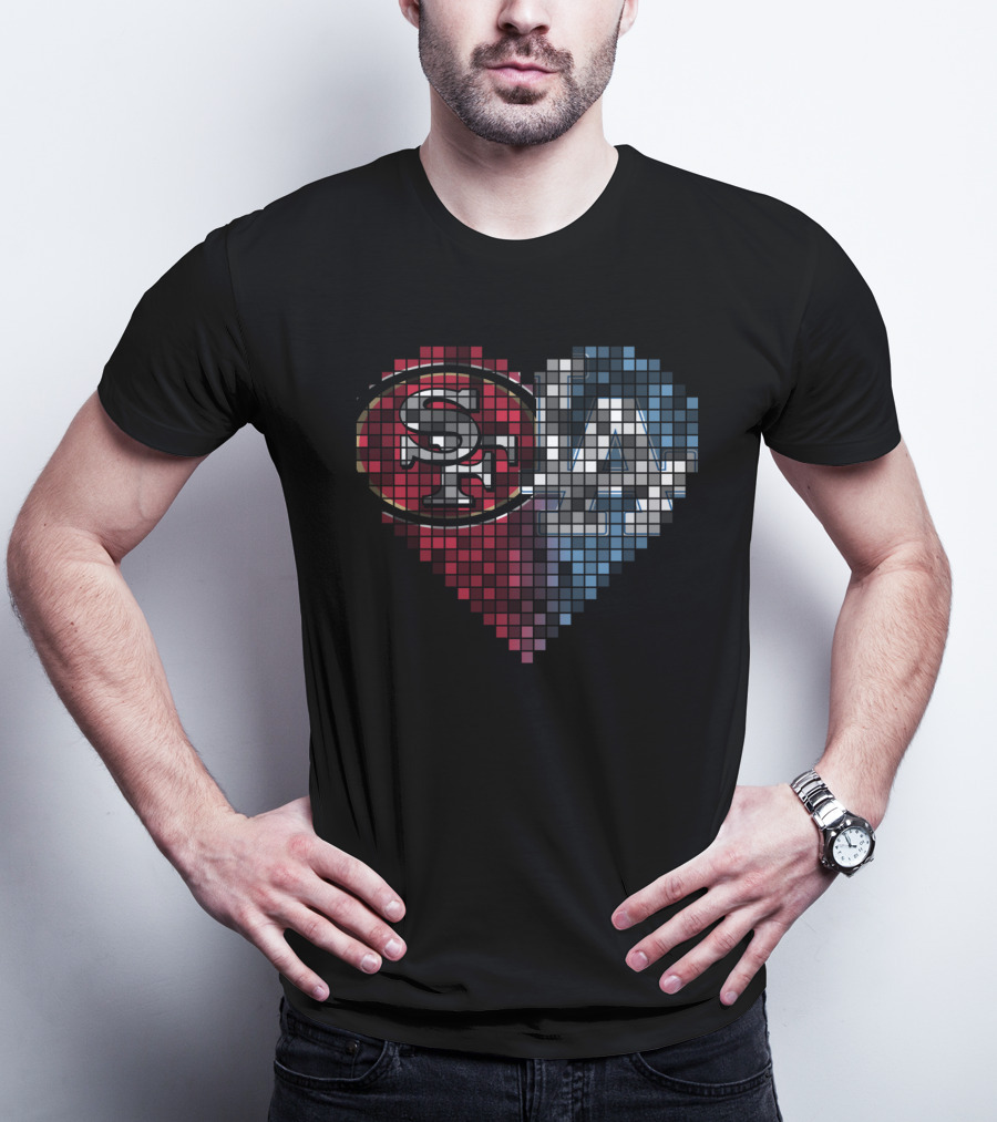 Ttr 002 San Francisco 49ers Los Angeles Dodgers Heart Pixel Mosaic T-Shirt