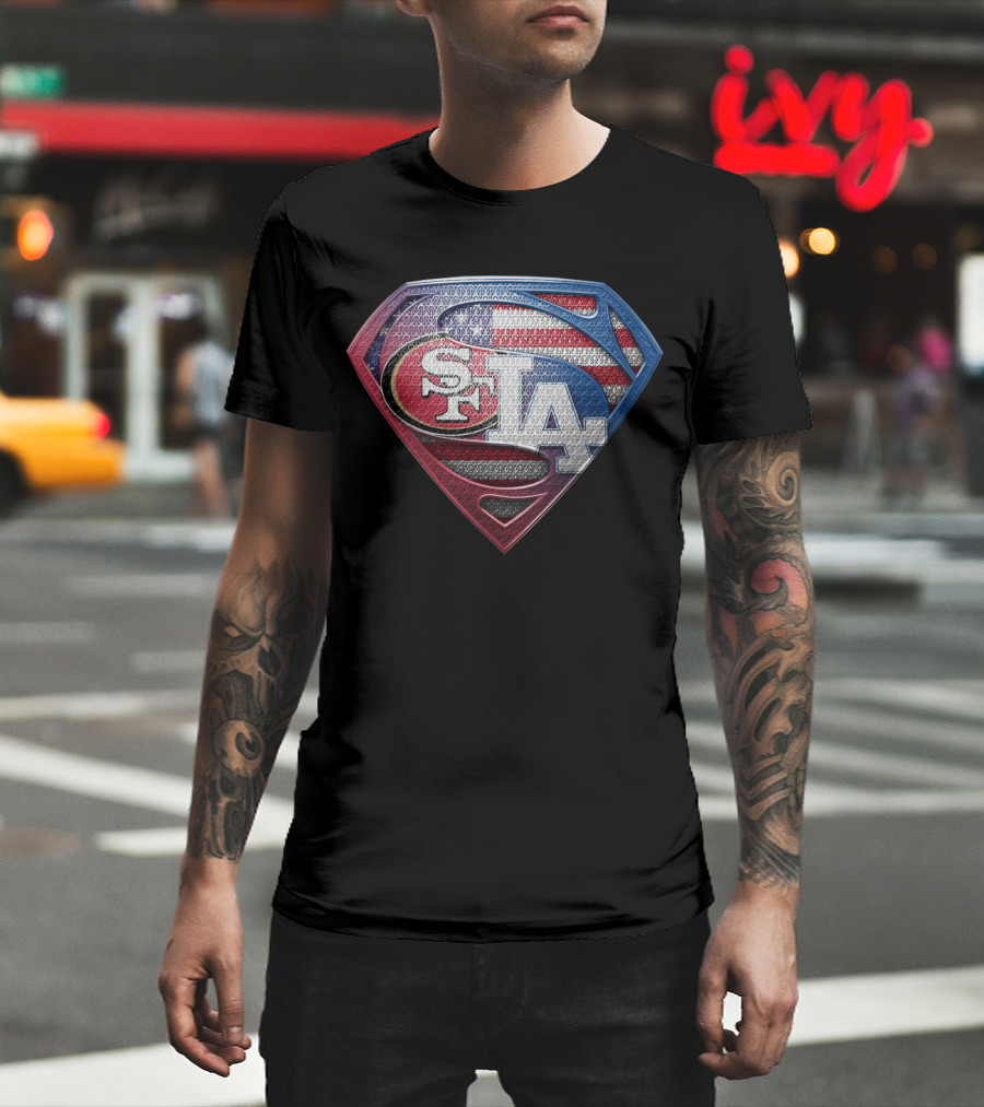 San Francisco 49ers Los Angeles Dodgers American Flag Superman T-Shirt