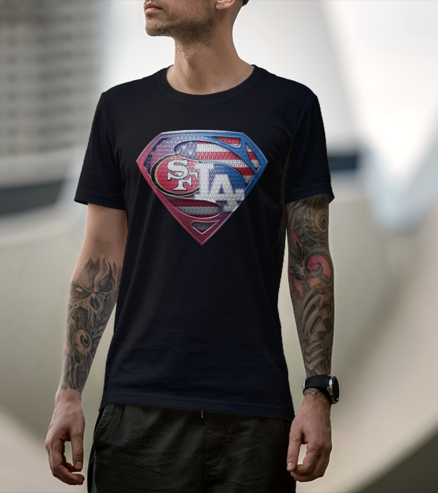 San Francisco 49ers Los Angeles Dodgers American Flag Superman T-Shirt