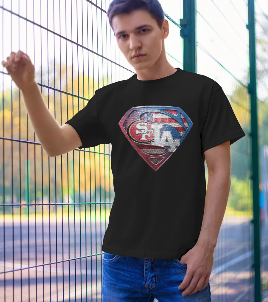 San Francisco 49ers Los Angeles Dodgers American Flag Superman T-Shirt
