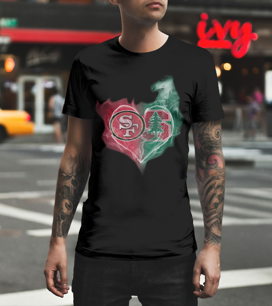 San Francisco 49ers And Stanford Cardinal Heart-Shaped Smoke Logos T-Shirt