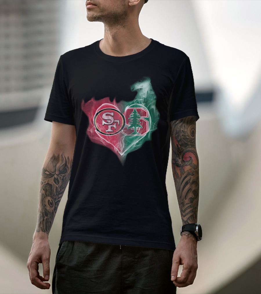 San Francisco 49ers And Stanford Cardinal Heart-Shaped Smoke Logos T-Shirt