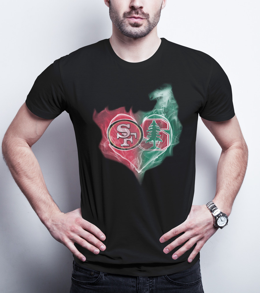 San Francisco 49ers And Stanford Cardinal Heart-Shaped Smoke Logos T-Shirt