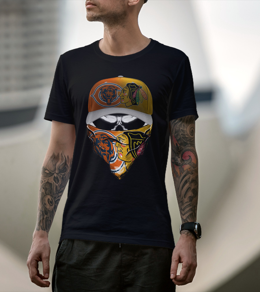 Chicago Bears Blackhawks Cap And Bandana Crossover T-Shirt
