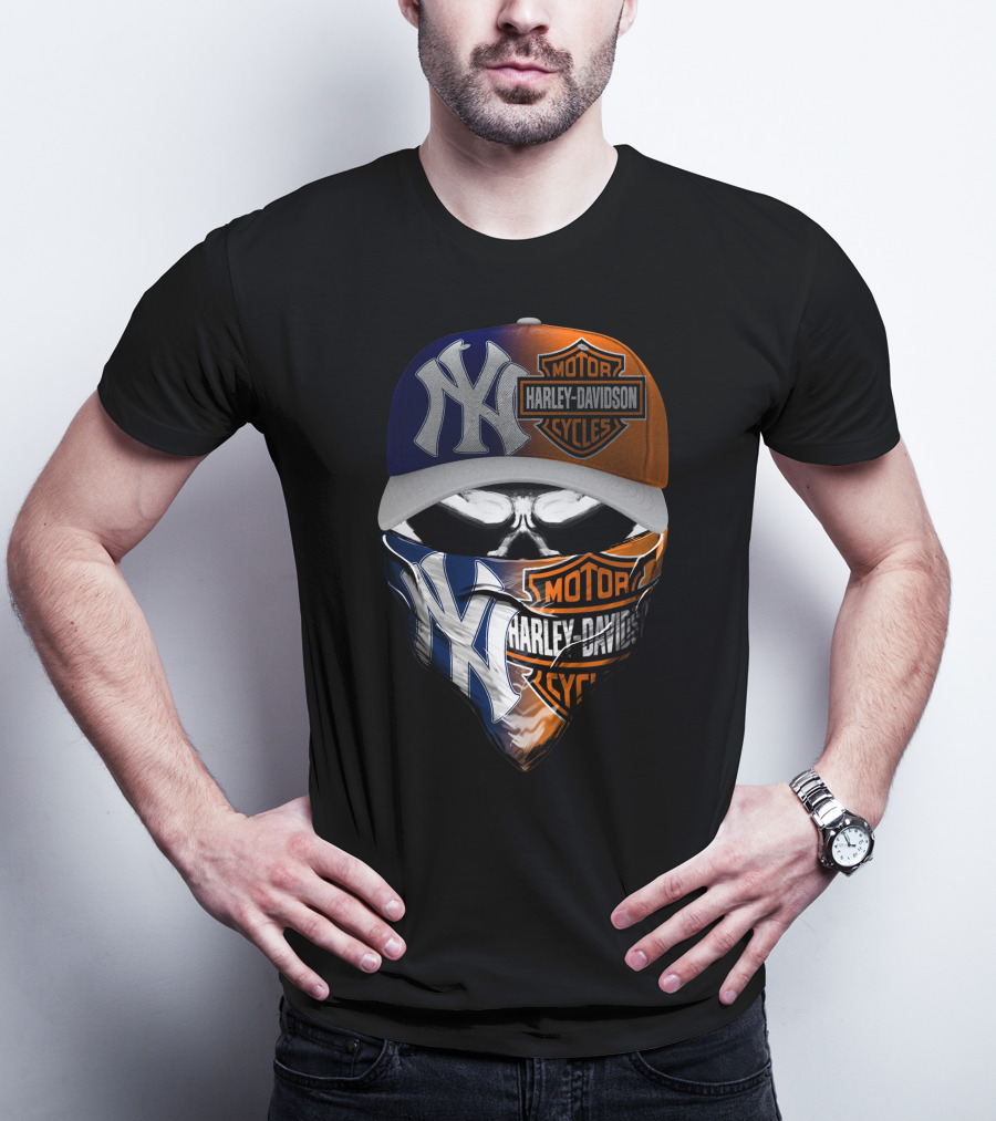 New York Yankees Harley Davidson Motorcycles Skull Mask Hat T-Shirt