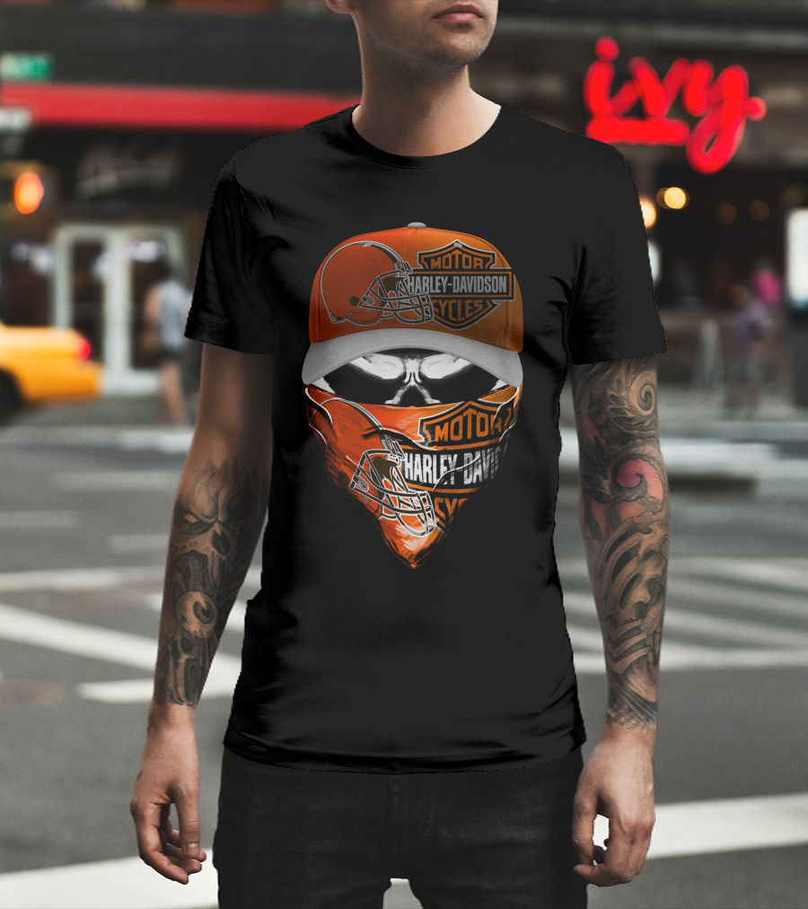 Harley Davidson Motorcycles Cleveland Browns Skull Cap And Bandana T-Shirt