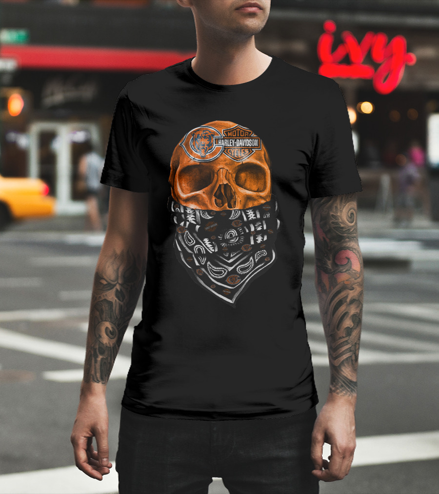 Harley Davidson Motorcycles Skull With Chicago Bears Logo Bandana T-Shirt