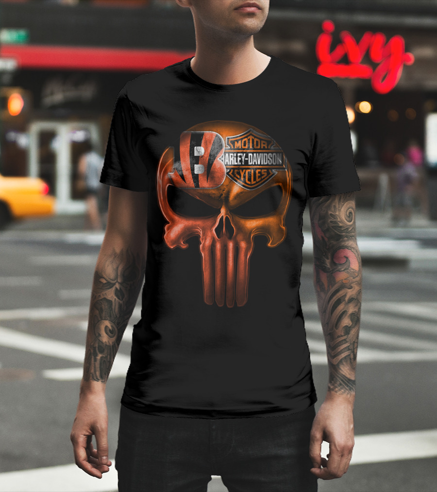 Cincinnati Bengals Harley Davidson Punisher Skull T-Shirt