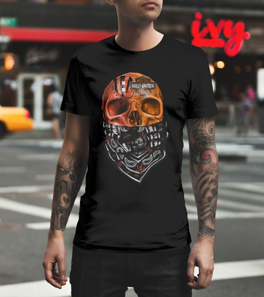 Cincinnati Bengals Harley Davidson Skull Bandana T-Shirt