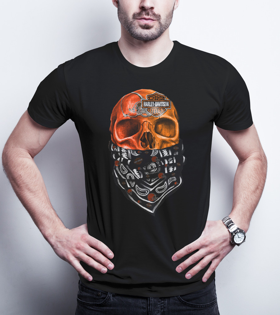 Harley Davidson Cleveland Browns Skull With Bandana T-Shirt