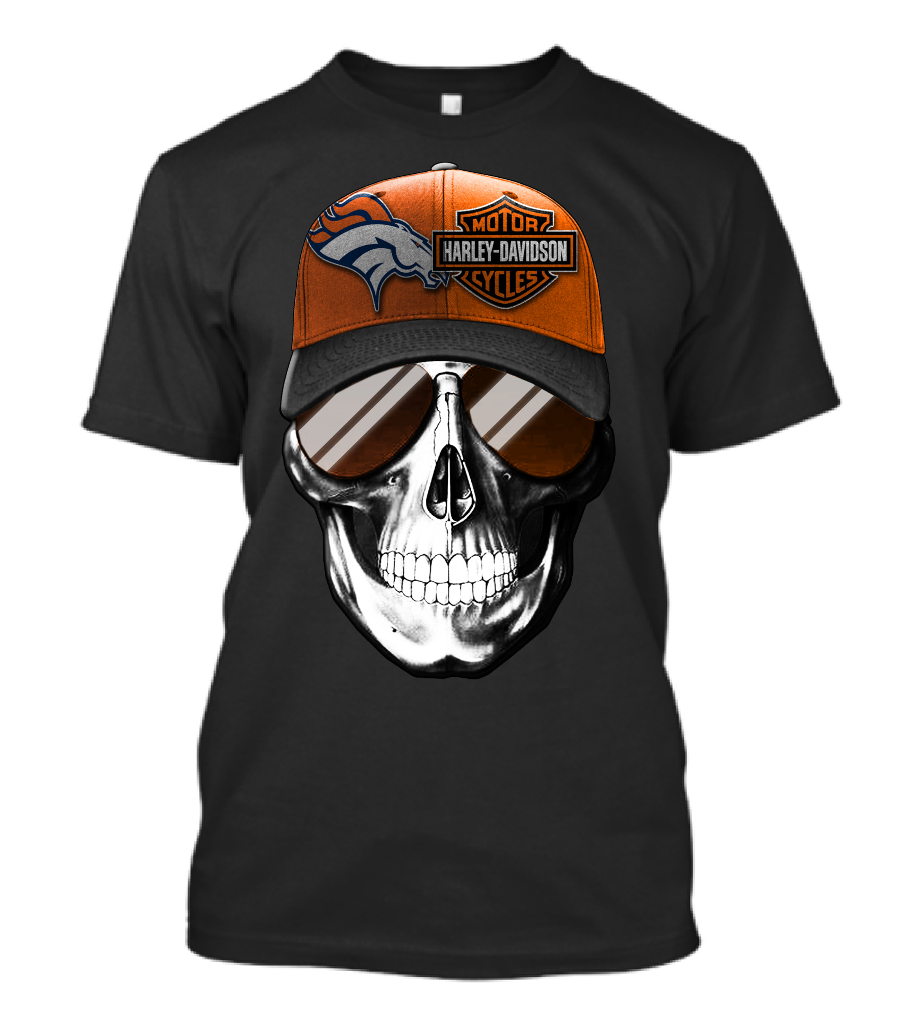 Harley Davidson Motorcycles Skull With Denver Broncos Cap T-Shirt