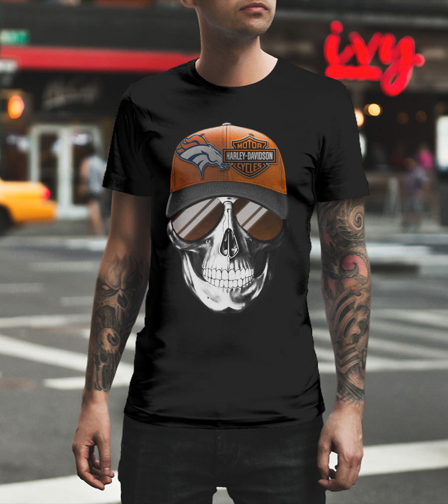 Harley Davidson Motorcycles Skull With Denver Broncos Cap T-Shirt