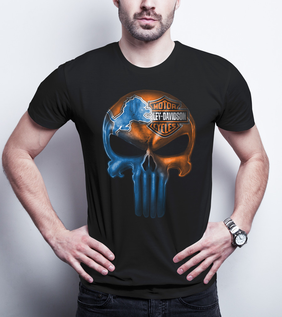 Detroit Lions Harley Davidson Motorcycles Punisher Skull T-Shirt