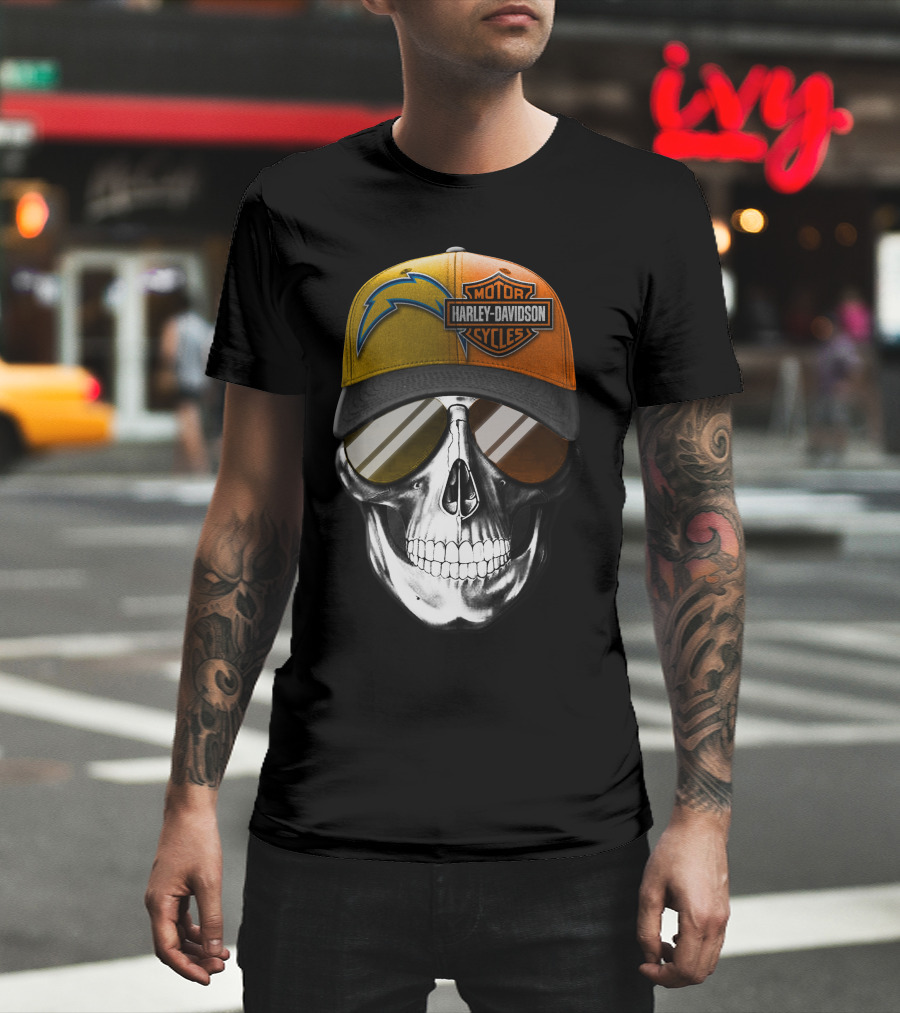 Los Angeles Chargers And Harley Davidson Motorcycle Skull Cap T-Shirt