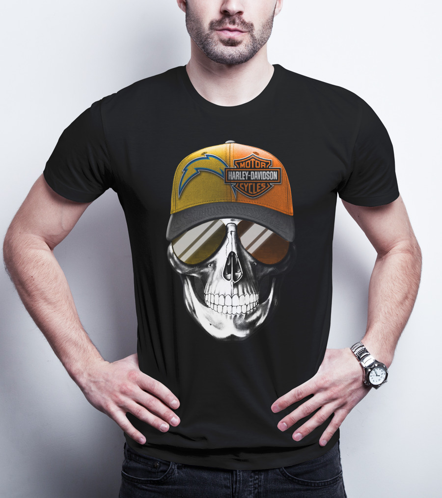Los Angeles Chargers And Harley Davidson Motorcycle Skull Cap T-Shirt