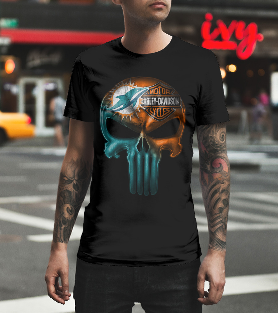 Miami Dolphins Harley Davidson Punisher Skull T-Shirt