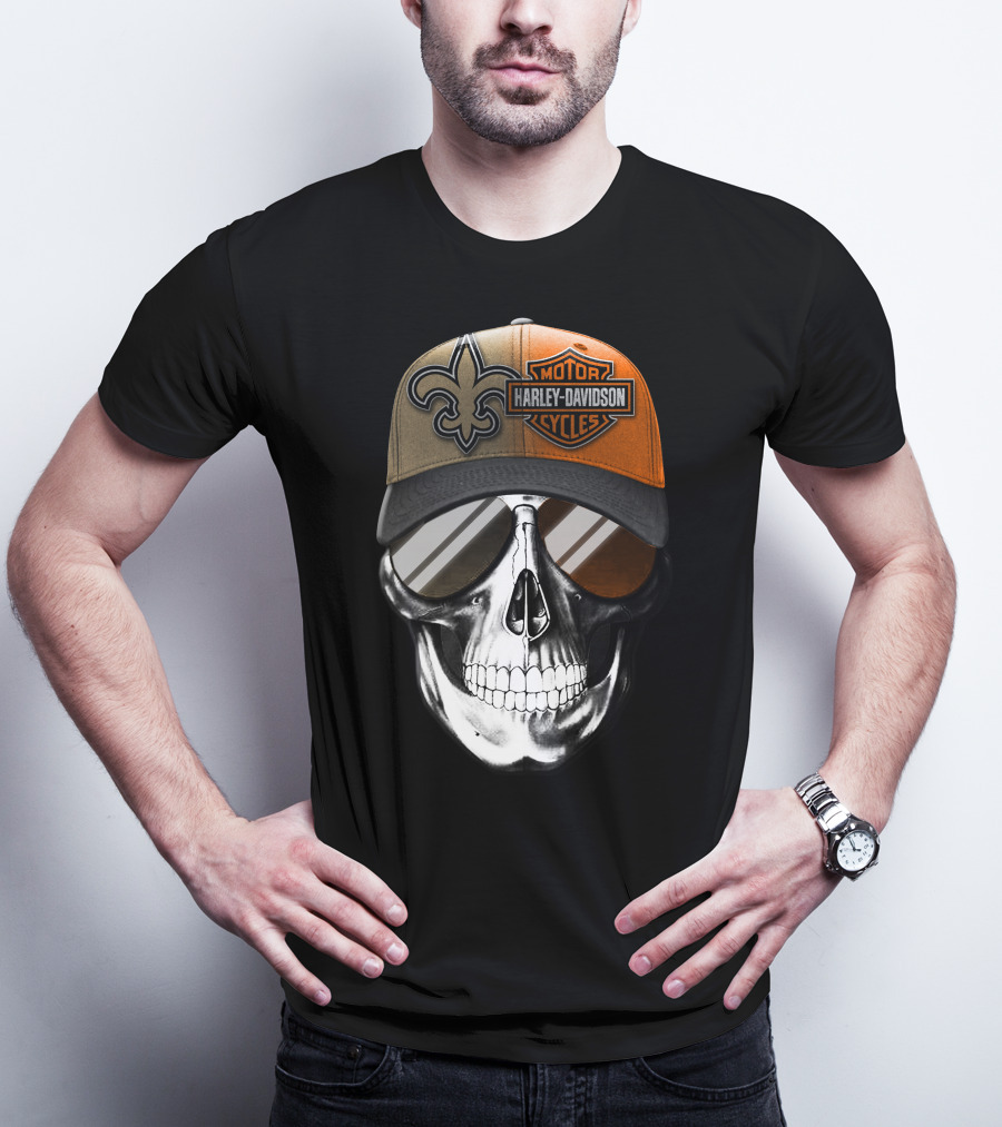 New Orleans Saints Harley Davidson Skull Hat T-Shirt