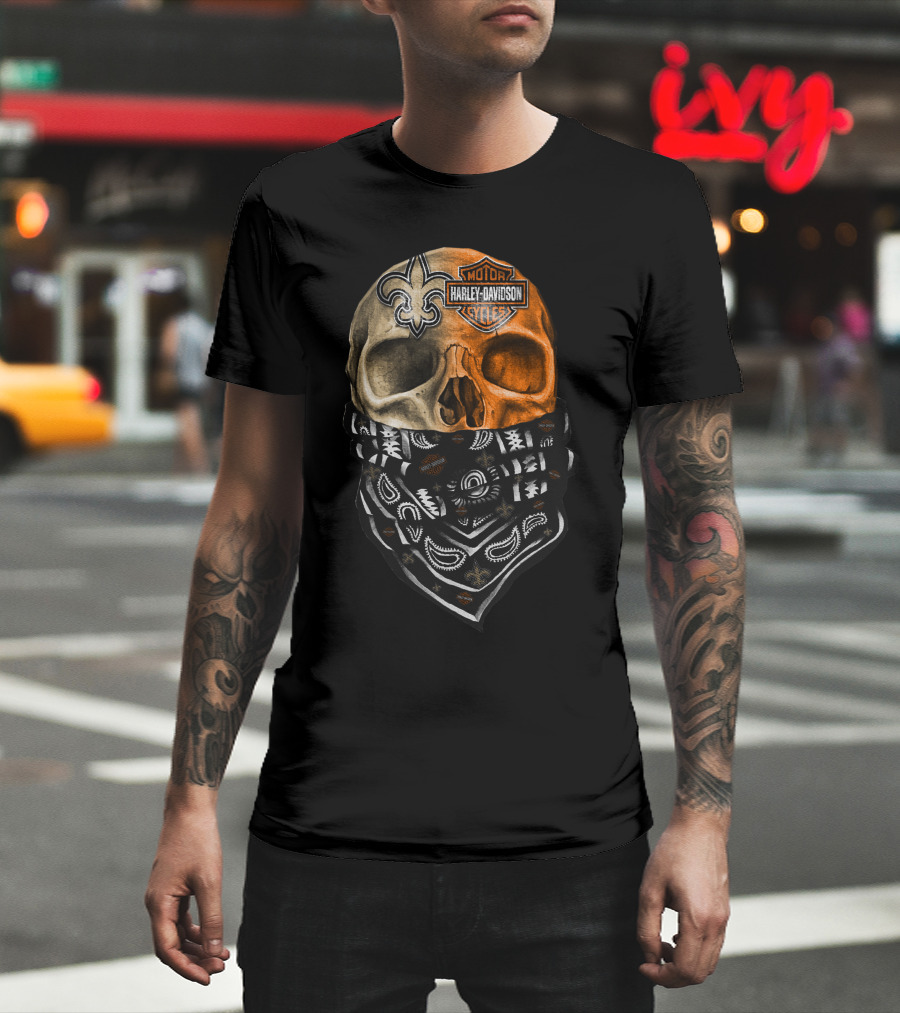 Harley Davidson Skull With Bandana And Fleur-De-Lis Symbol T-Shirt