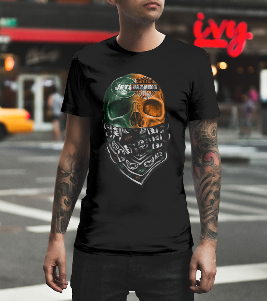New York Jets Harley Davidson Green Orange Skull Bandana T-Shirt
