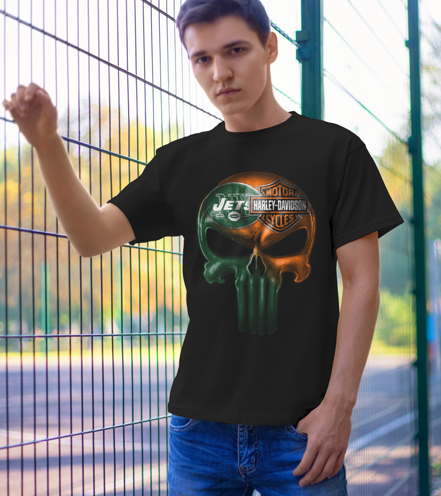 New York Jets Harley Davidson Skull T-Shirt