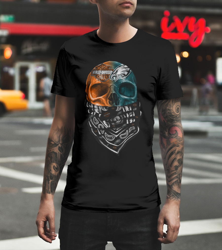 Harley Davidson Motor Cycles Philadelphia Eagles Skulls Bandana T-Shirt