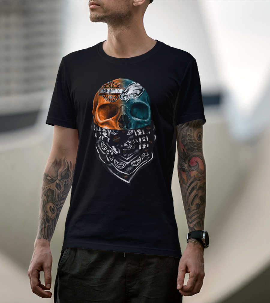 Harley Davidson Motor Cycles Philadelphia Eagles Skulls Bandana T-Shirt