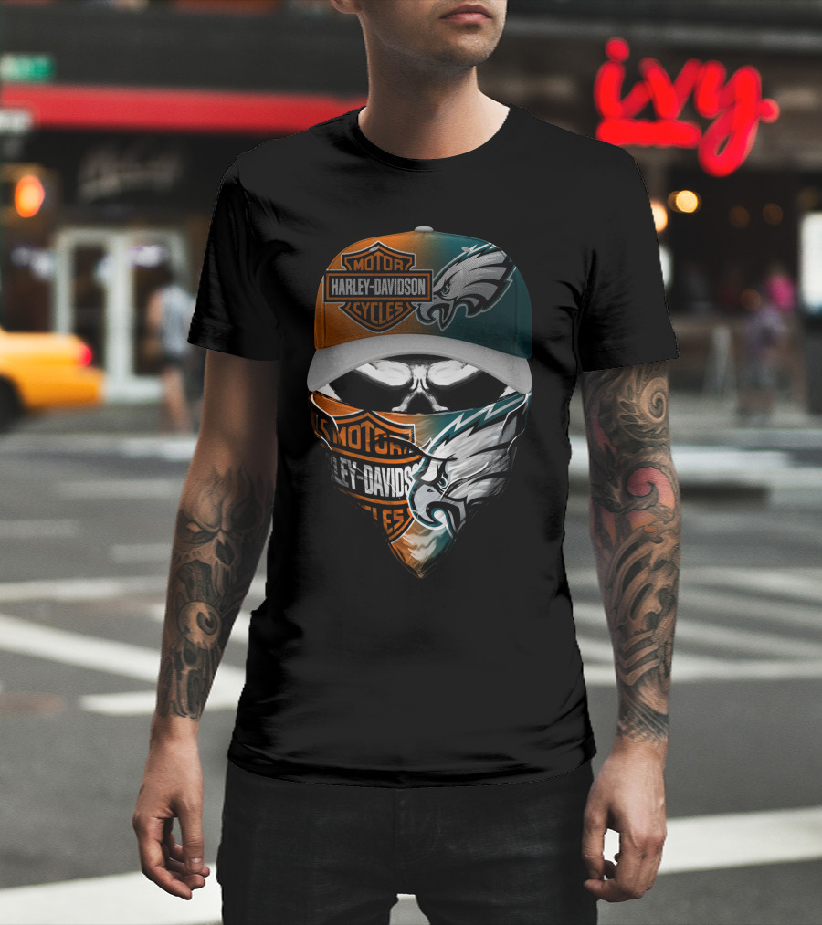 Harley Davidson Philadelphia Eagles Skull Bandana Cap T-Shirt