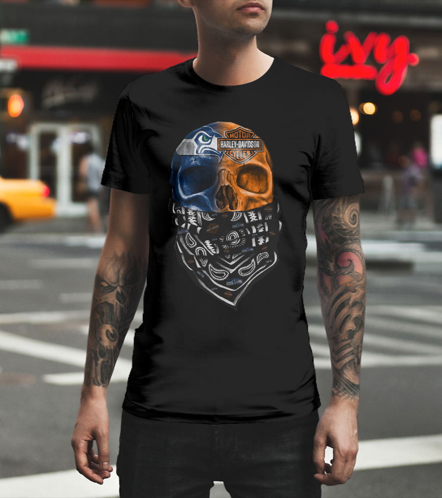 Seattle Seahawks Harley Davidson Skull Bandana T-Shirt