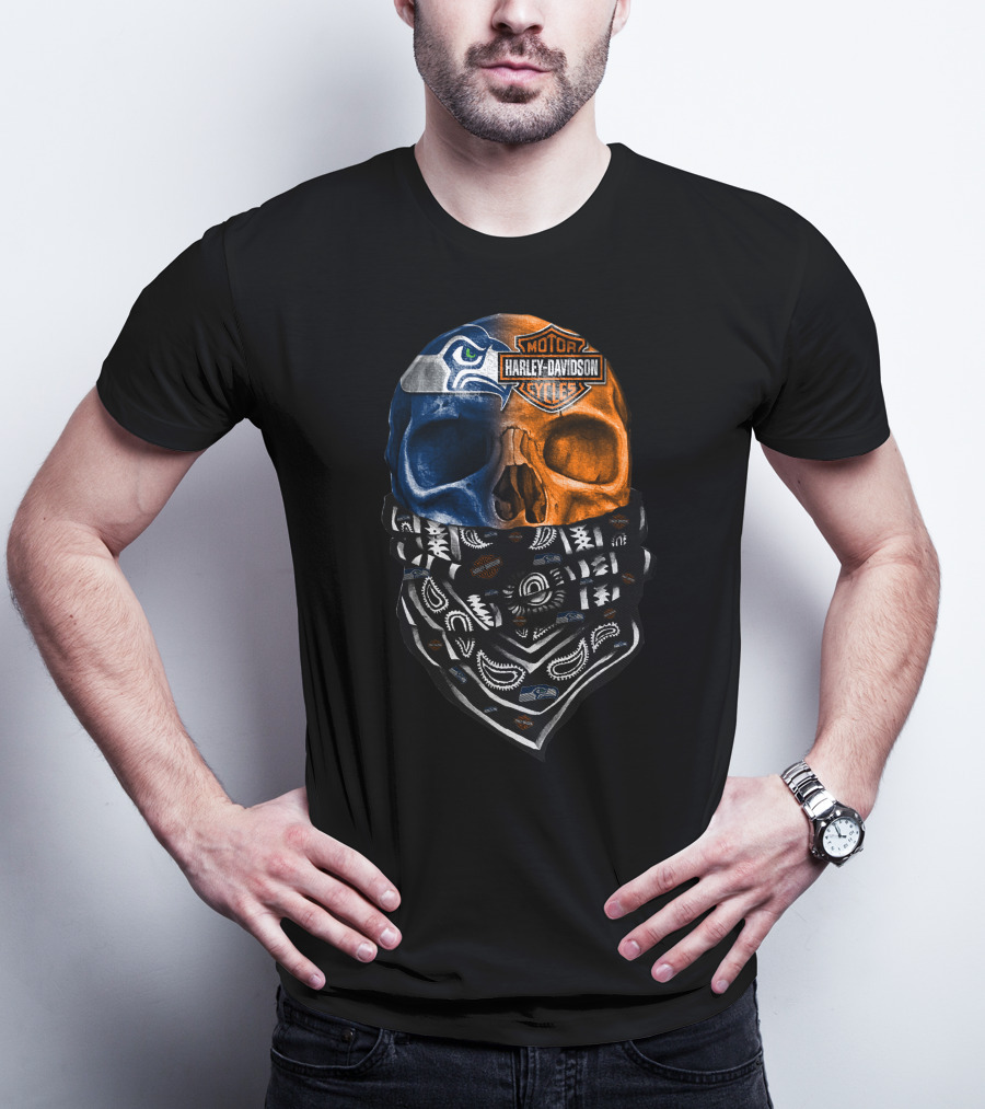 Seattle Seahawks Harley Davidson Skull Bandana T-Shirt