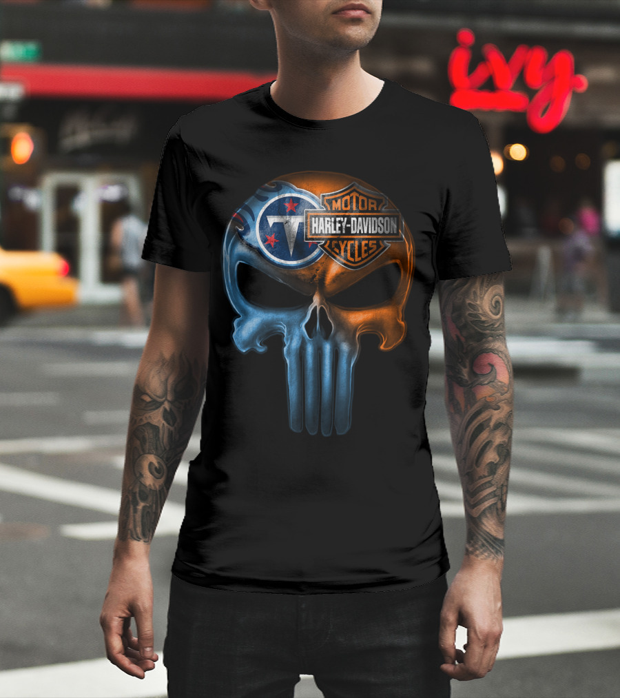Harley Davidson Motorcycles And Tennessee Titans Logo Skull T-Shirt