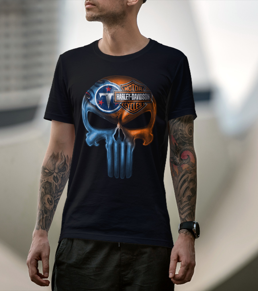 Harley Davidson Motorcycles And Tennessee Titans Logo Skull T-Shirt