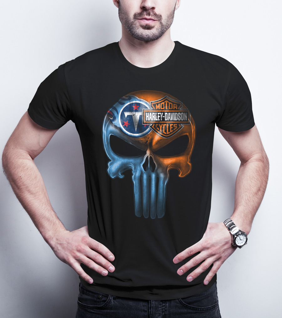 Harley Davidson Motorcycles And Tennessee Titans Logo Skull T-Shirt