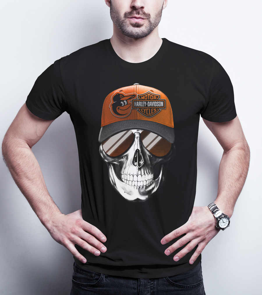 Harley Davidson Motorcycles Orioles Skull Cap T-Shirt