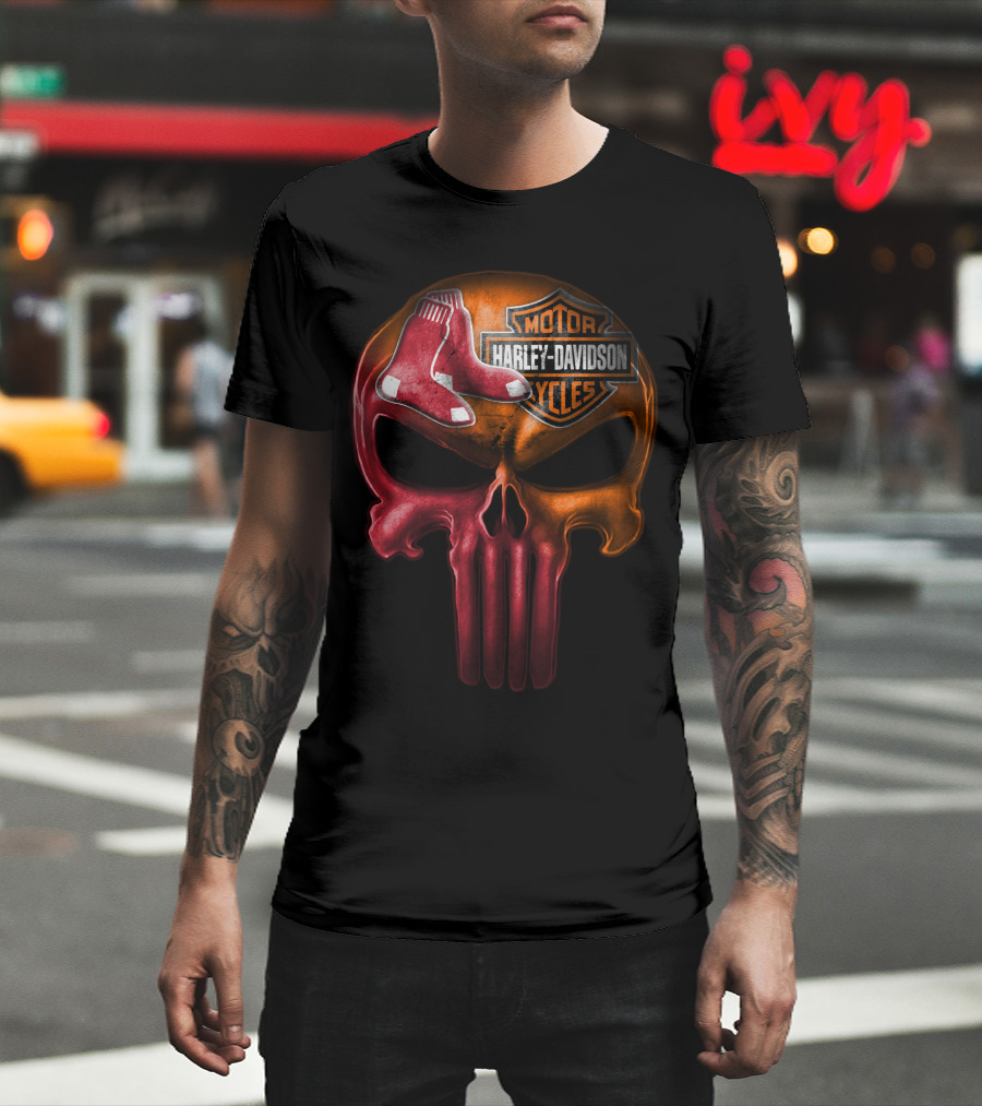 Harley Davidson Motorcycles Red Sox Logo Skull T-Shirt